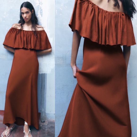 Zara | Dresses | Zara Ruffled Linen Blend Midi Dress Strapless ...